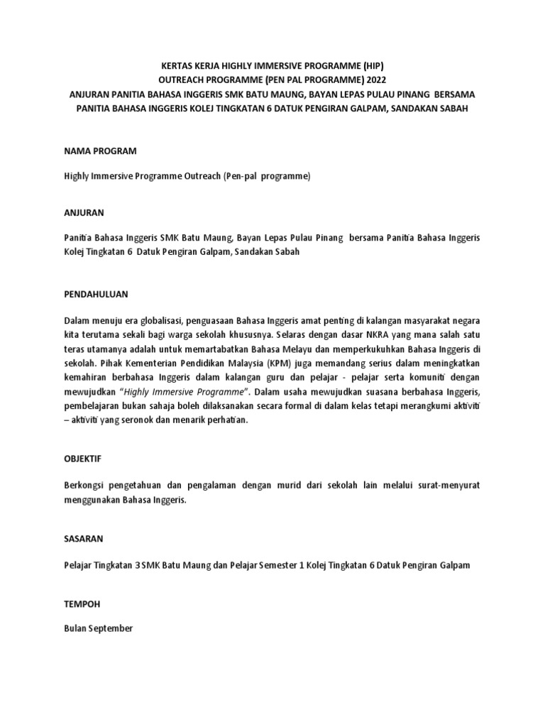 Kertas Kerja Highly Immersive Programme Outreach Programme 2022-Updated | PDF
