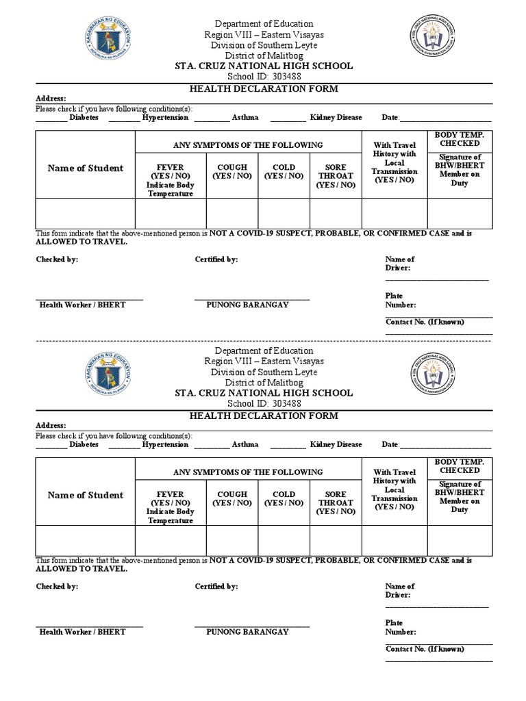 Health Declaration Form | PDF | Common Cold | Microbiology