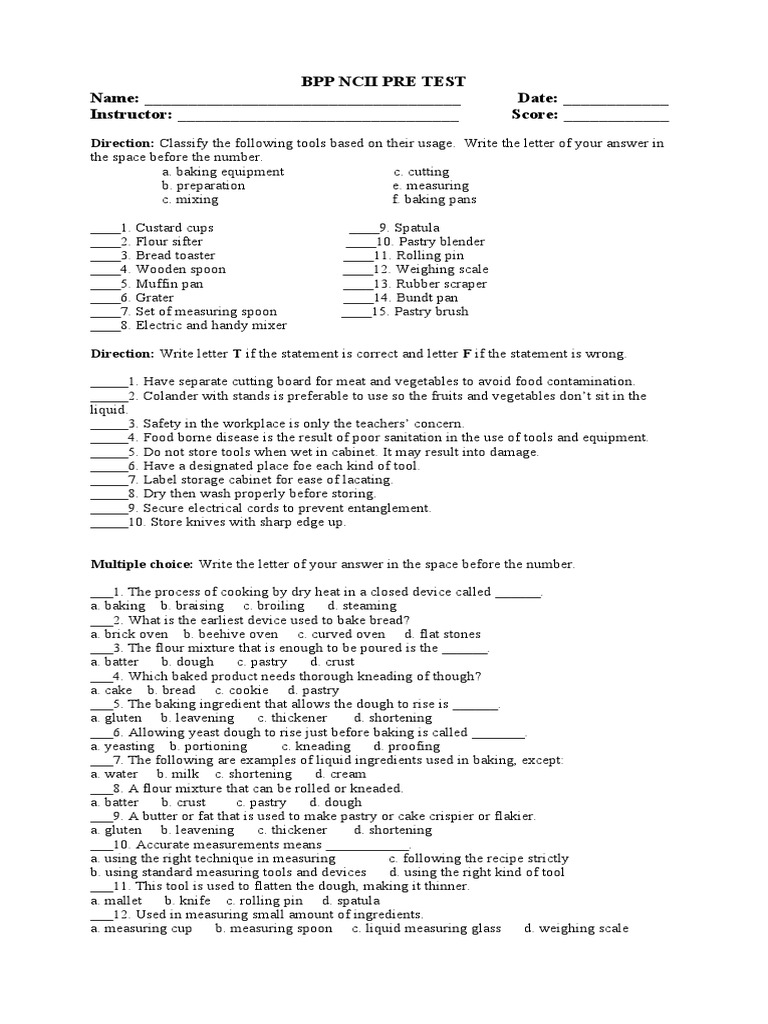 BPP Ncii Pre Test Name: - Date: - Instructor: - Score | PDF | Dough ...