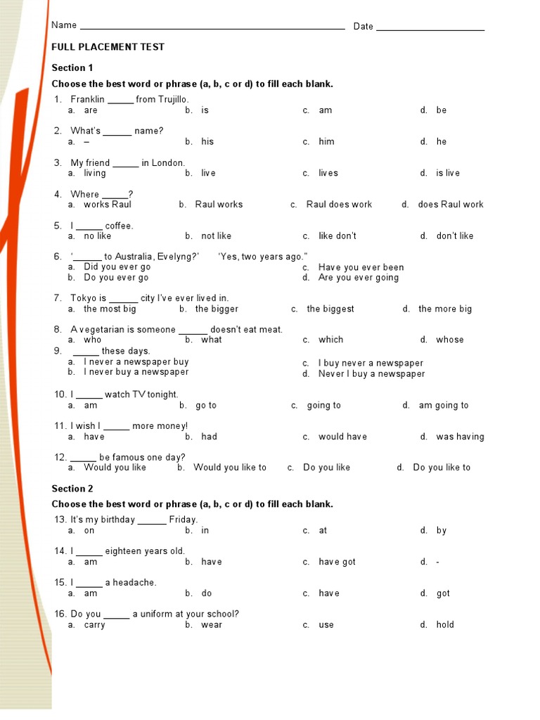 Full Placement Test Section 1 Choose The Best Word or Phrase (A, B, C ...