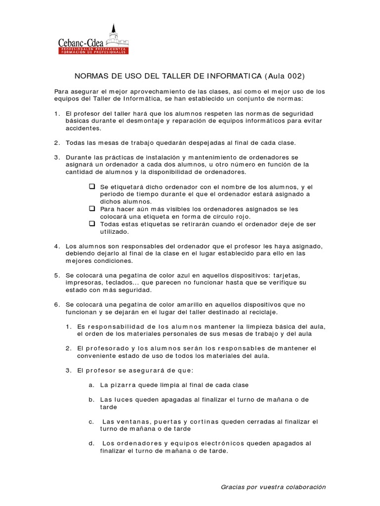 Normas de Utilizacion Del Taller de Informatica | PDF