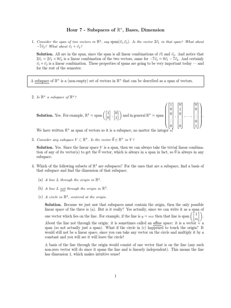 Subspaces Bases Dimension Sols | PDF | Linear Subspace | Vector Space