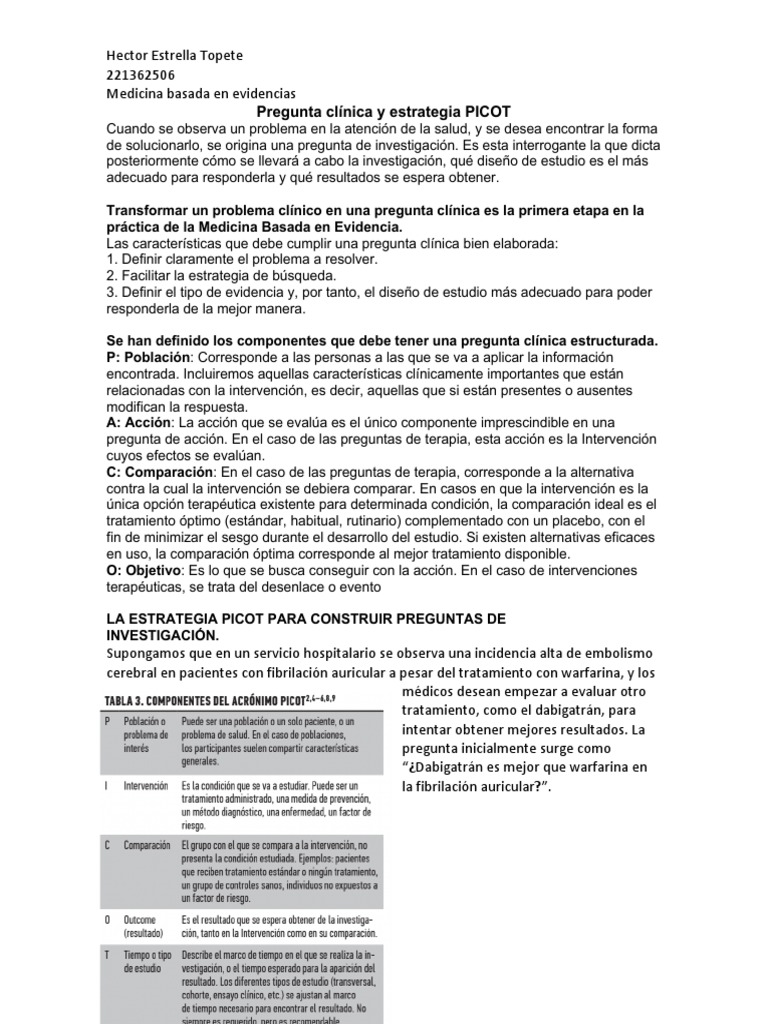 Pregunta Clínica y Estrategia PICOT | PDF | Evidencia basada en ...