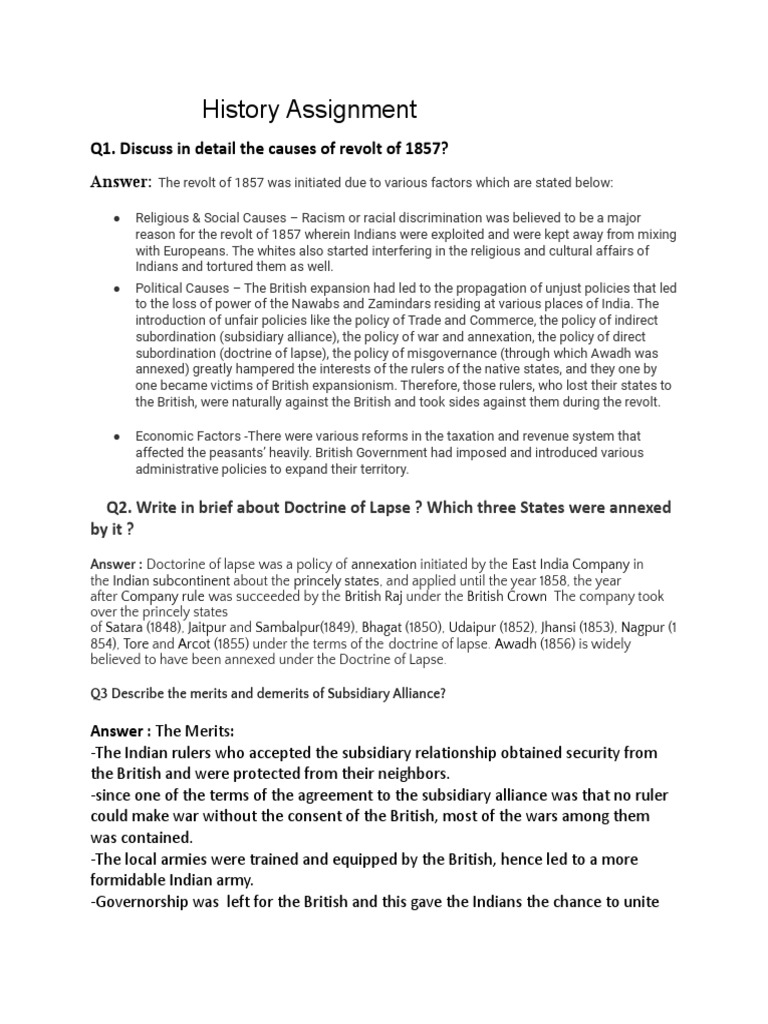 History Assignment: Q1. Discuss in Detail The Causes of Revolt of 1857 ...