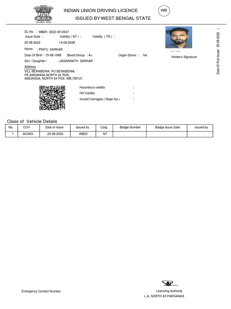 Indian Union Driving Licence West Bengal State Issued by | PDF