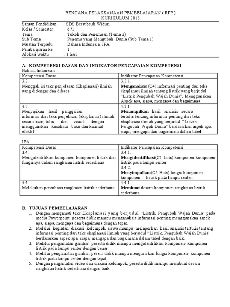 RPP Tema 3 Subtema 1 Pembelajaran 1 | PDF