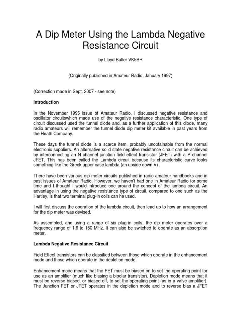 A Dip Meter Using The Lambda Negative Resistance Circuit | PDF | Field Effect Transistor | Inductor