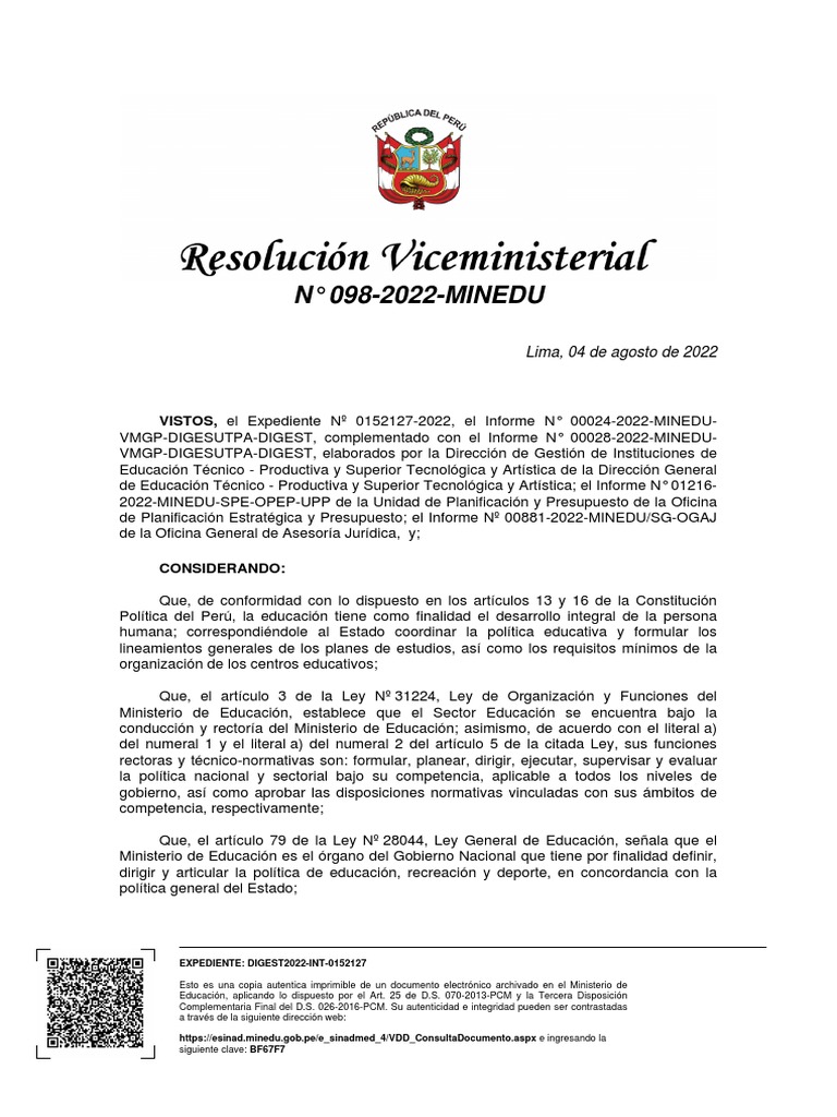 Rvm 098 2022 Minedu Pdf Pdf Educación Más Alta Presupuesto