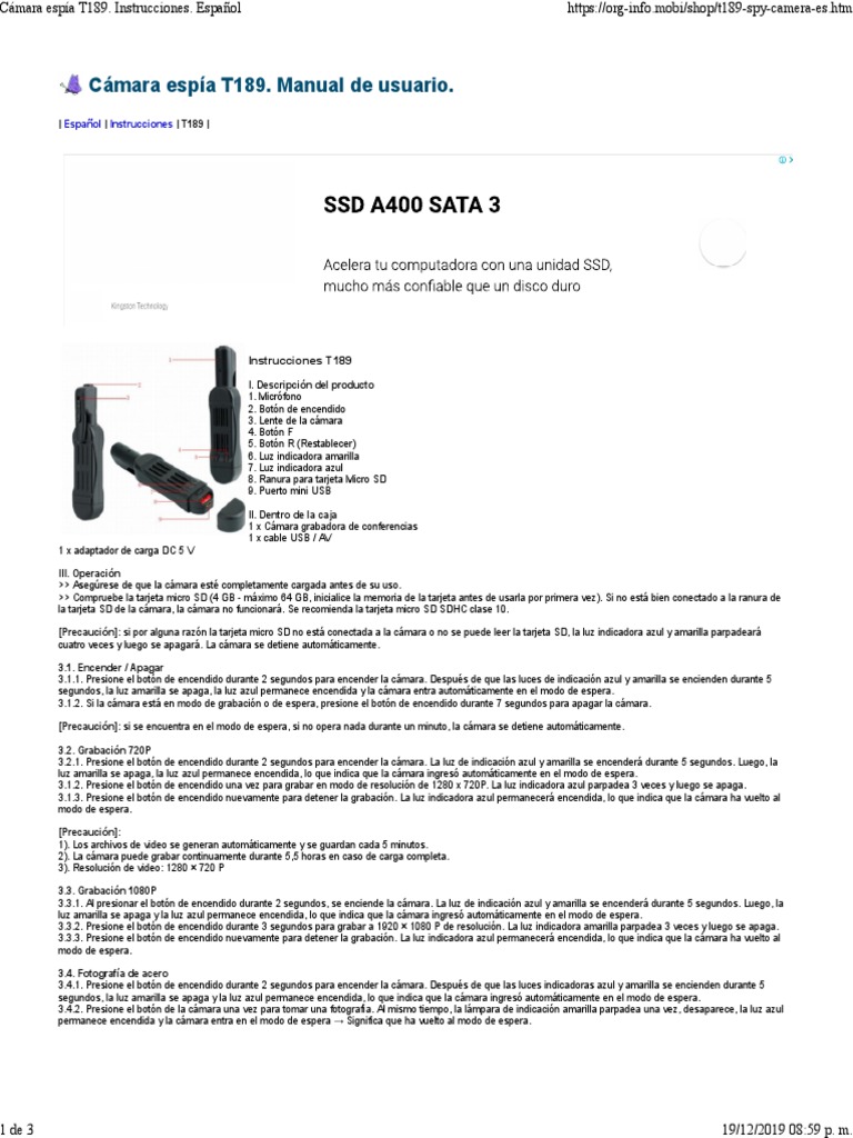 Cámara Espía T189. Manual de Usuario | PDF | Televisión | Resolución de ...