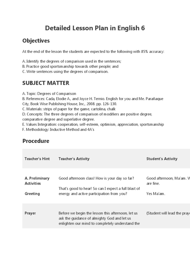 Detailed Lesson Plan in English 6 | PDF | Adjective | Lesson Plan
