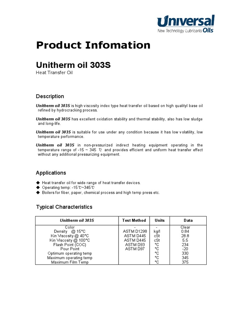 Unitherm Oil 303s Pds (E) - Universal Oils Co., Ltd. | PDF | Oil | Heat ...