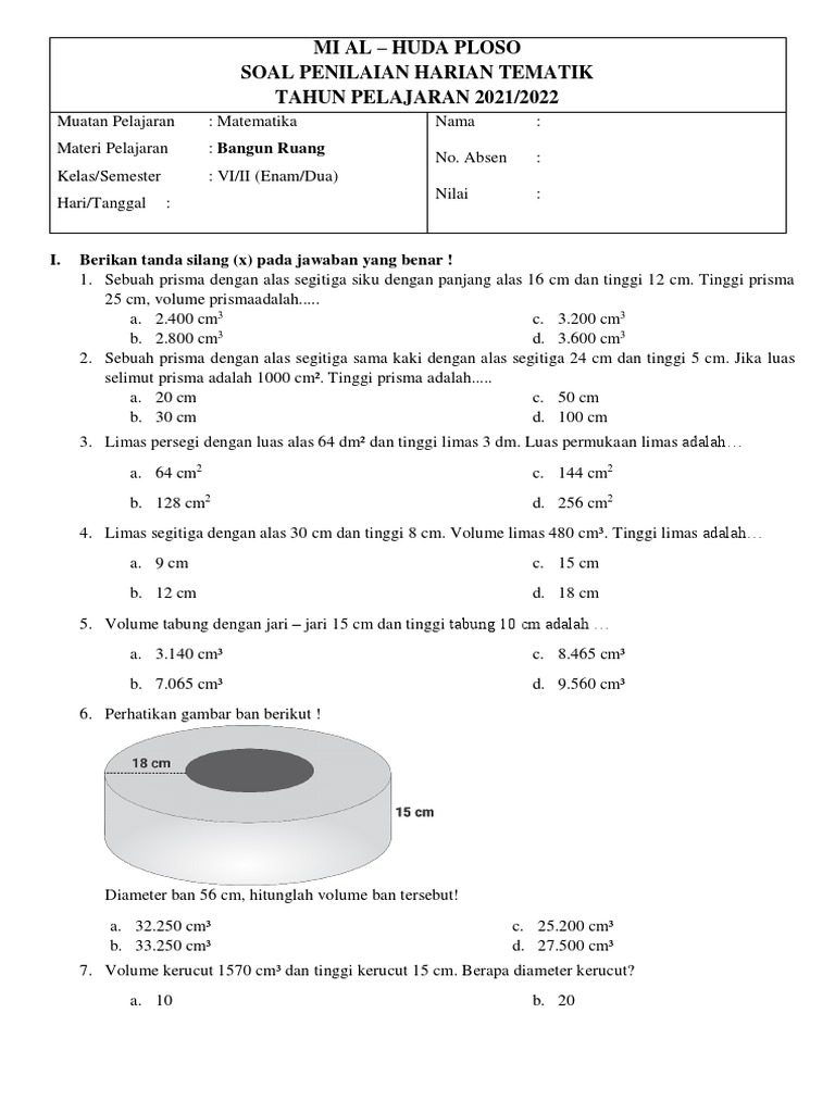 Soal PH MTK Kelas 6 SM 2 Bangun Ruang - Websiteedukasi | PDF | Metode & Bahan Ajar