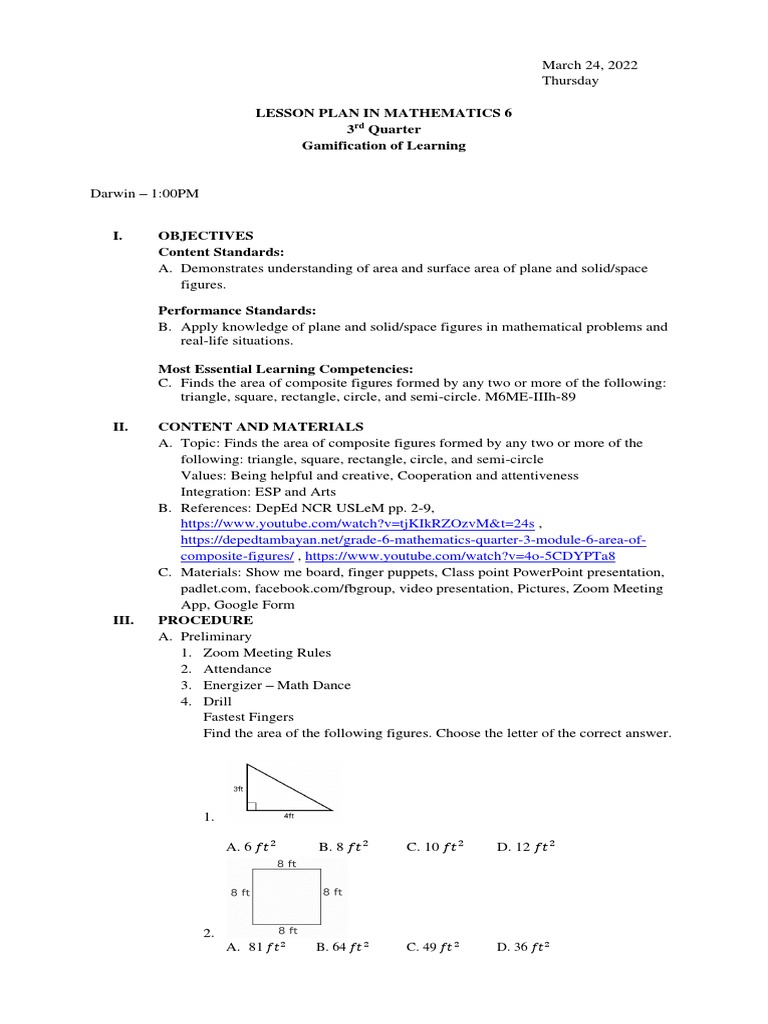 Math-lesson plan-composite figure g6 | PDF | Area | Elementary Mathematics