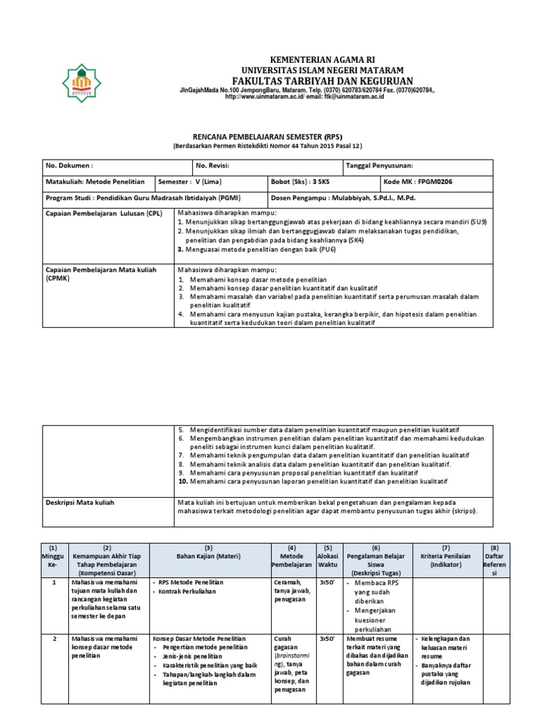 RPS Metode Penelitian - PGMI - Mulabbiyah - Ganjil TA. 2022-2023 | PDF | Karier & Perkembangan