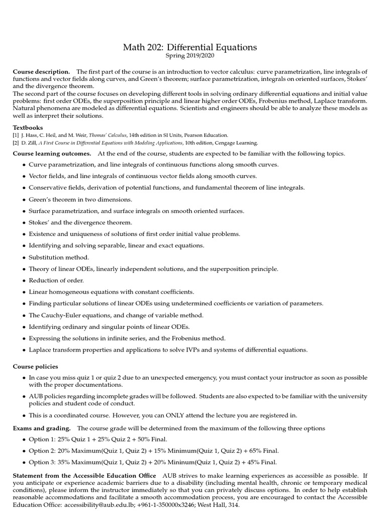 Math 202: Di Fferential Equations: Course Description | PDF | Ordinary Differential Equation ...