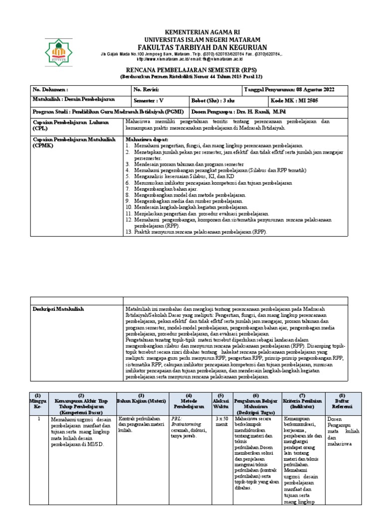 RPS Desain Pembelajaran 2022 | PDF