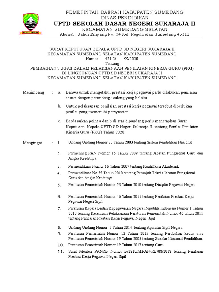 Contoh SK Pembagian Tugas PKG | PDF