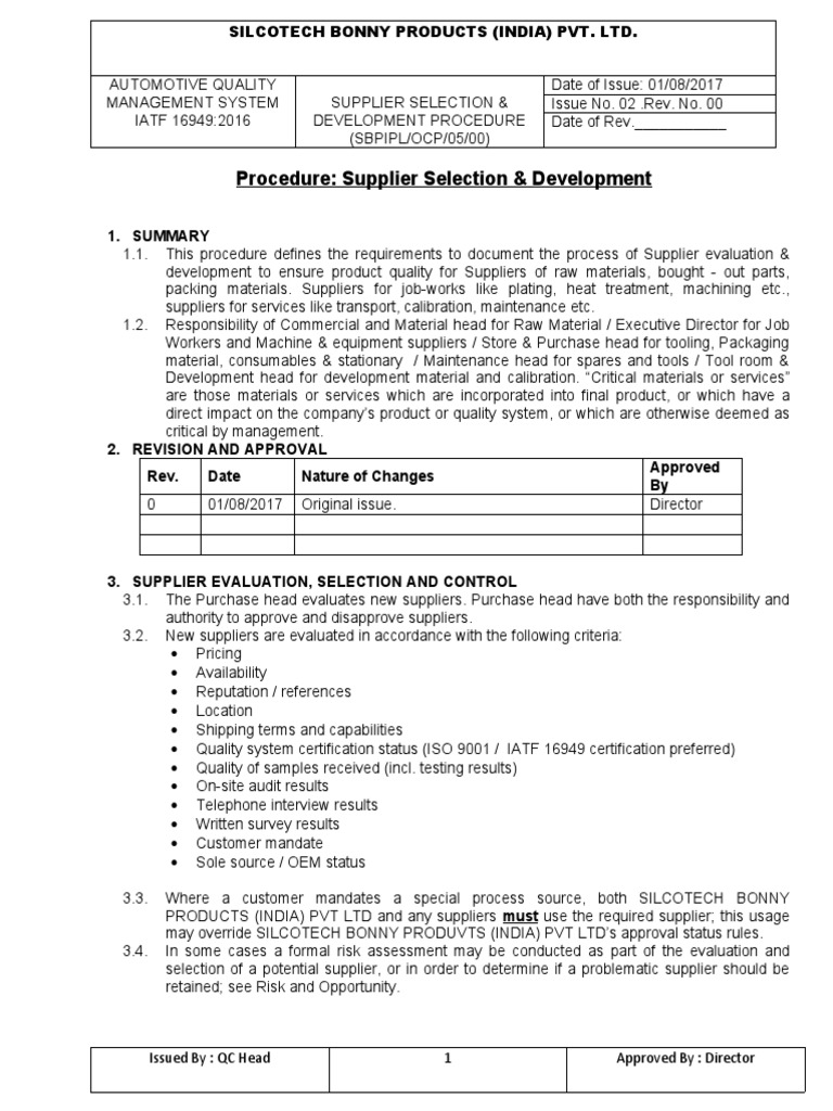 Procedure For Selection and Supplier Development | PDF | Iso 9000 ...