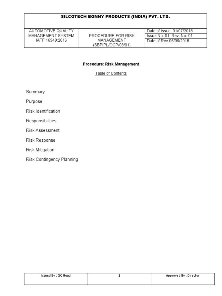 Purpose Risk Identification Responsibilities Risk Assessment Risk ...