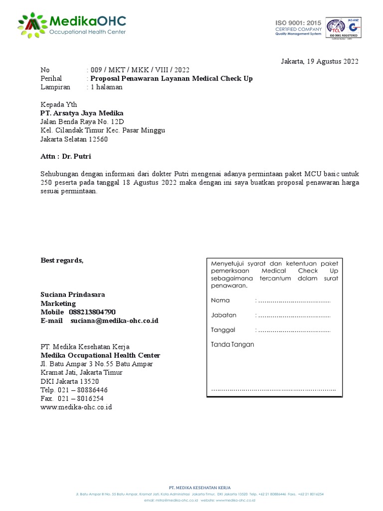Penawaran Kerjasama MCU PT. Arsatya Jaya Medika Paket Basic | PDF