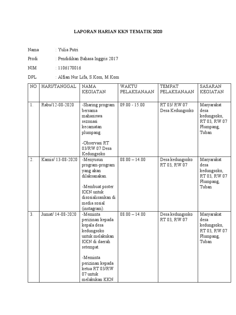 Laporan Harian KKN Tematik 2020 | PDF