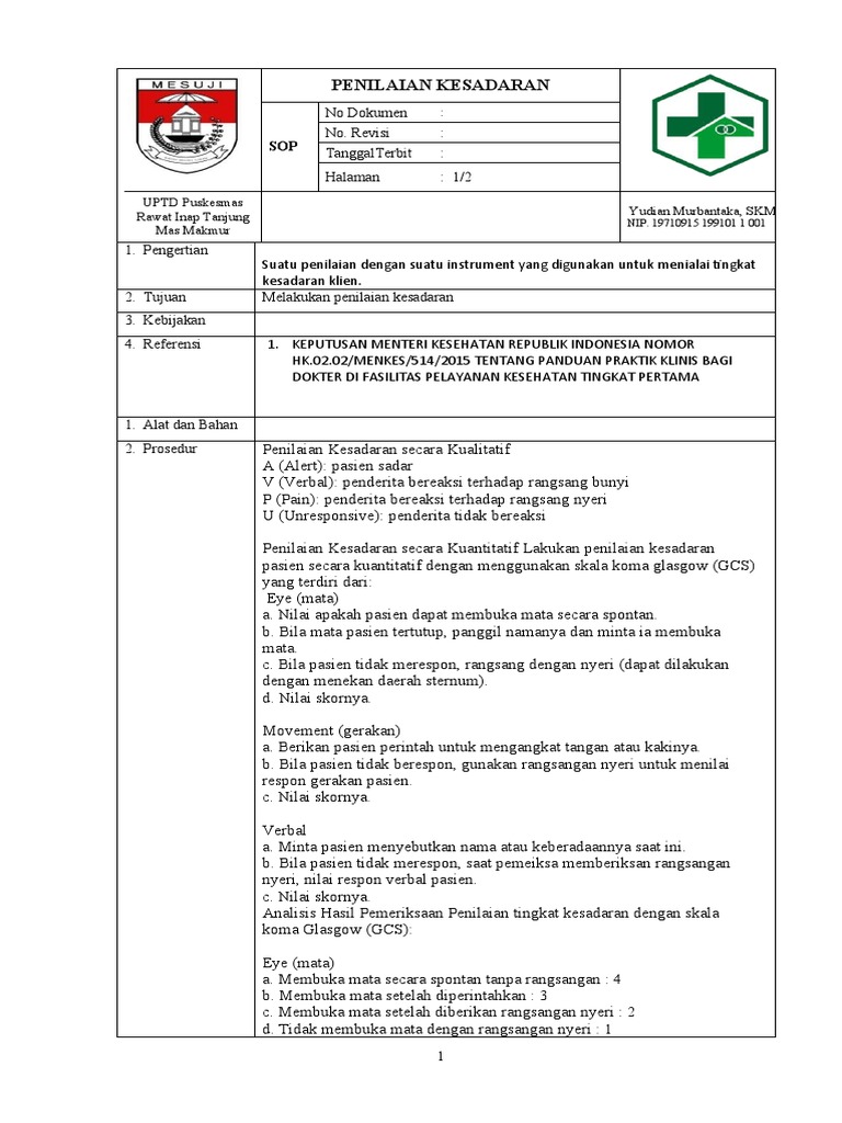 SOP Penilaian Kesadaran Gcs | PDF