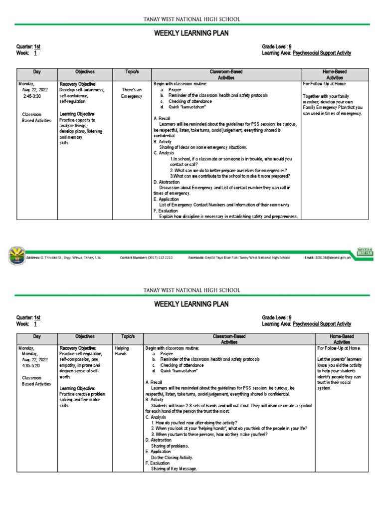 Weekly Learning Plan: Quarter: 1st Grade Level: 9 Week: 1 Learning Area: Psychosocial Support ...