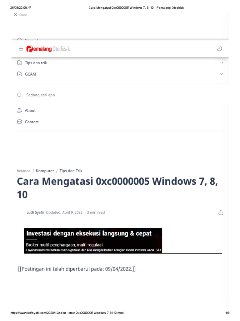 Cara Mengatasi 0xc0000005 Windows 7, 8, 10 - Pemalang Otodidak | PDF | Seni | Komputer