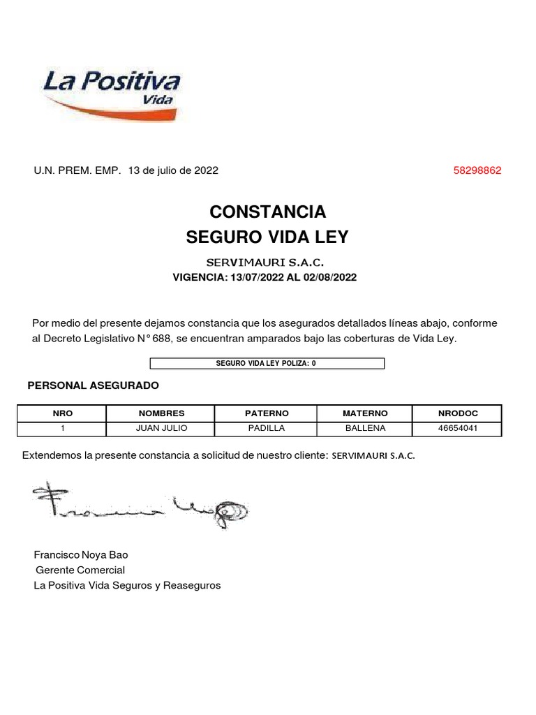 Seguro Vida Ley - Constancia 70 | PDF | Finanzas y administración del dinero