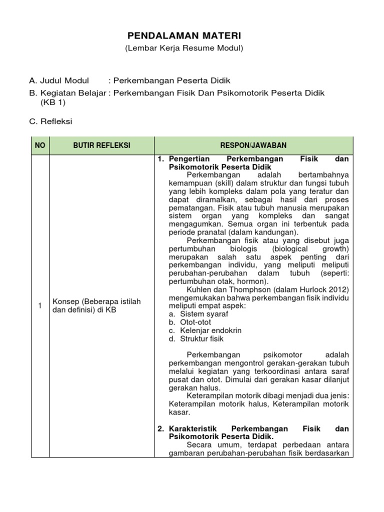 LK - RESUME Modul 1 KB-1 Perkembangan Fisik Dan Psikomotorik - Fix | PDF | Karier & Perkembangan ...
