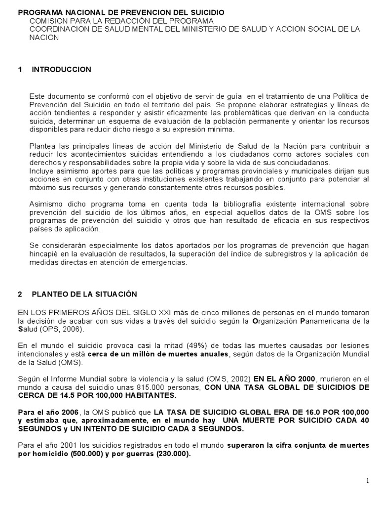 Programa Nacional Prevencion Suicidio 2007 | PDF | Suicidio | Vejez