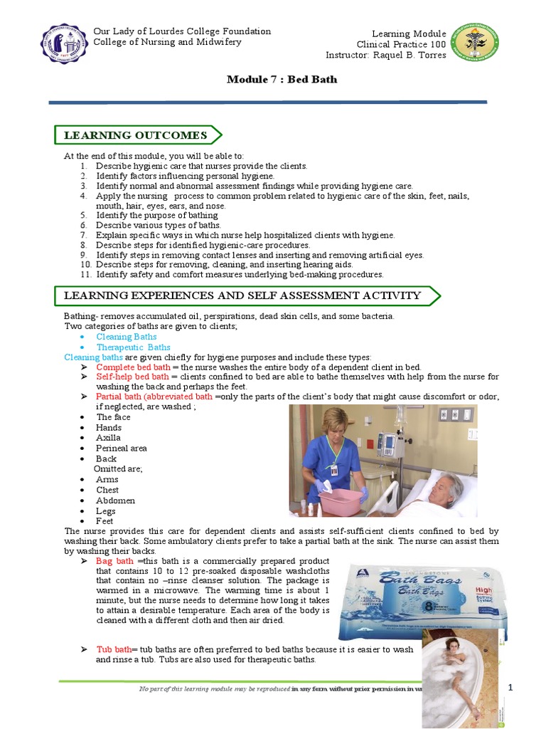 Learning Outcomes: Module 7: Bed Bath | PDF | Hygiene | Nursing