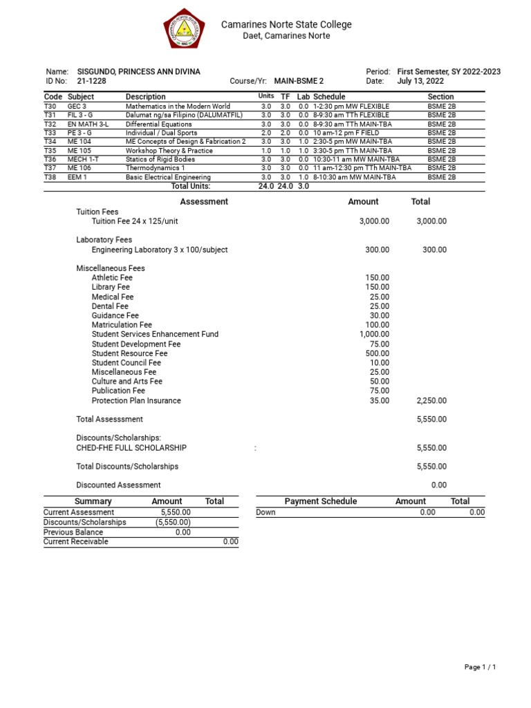 BSME 2 Course Schedule & Fees | PDF