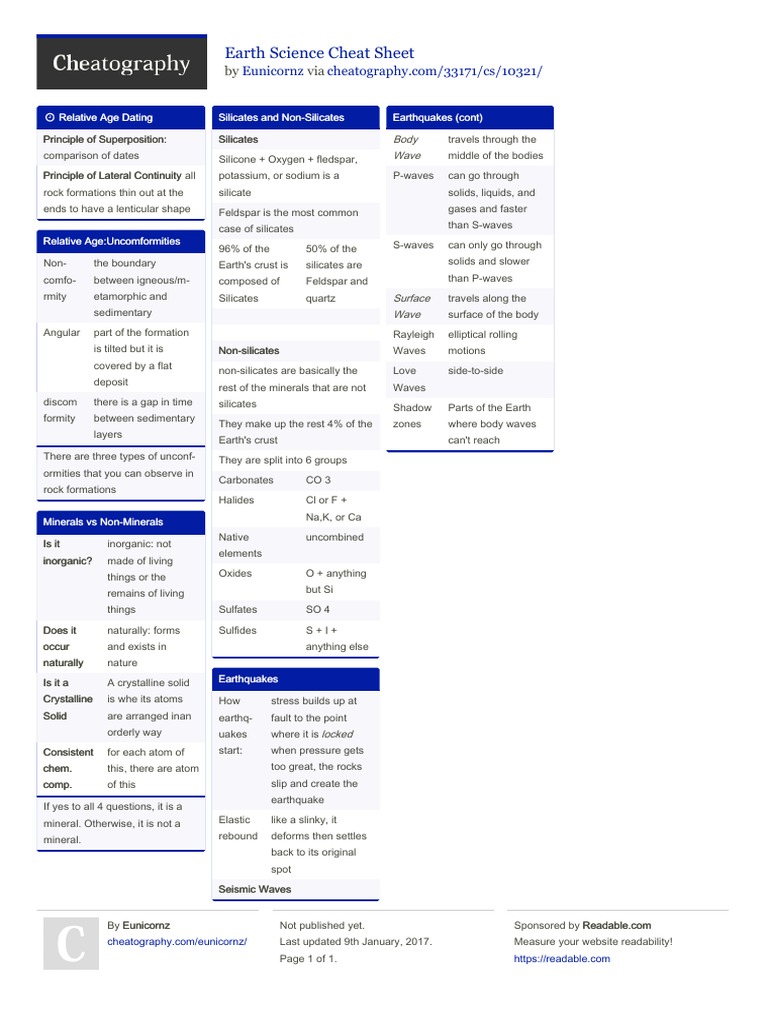 Earth Science Cheat Sheet: by Via | PDF | Earth | Minerals
