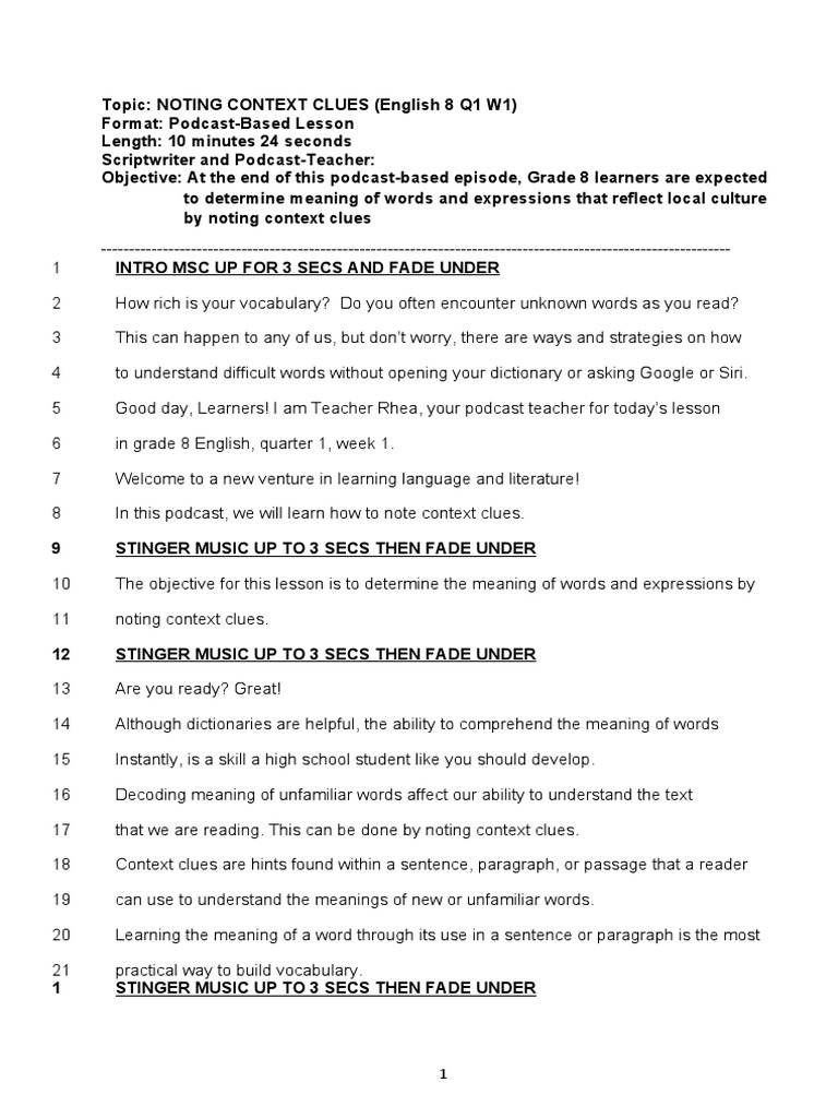 NOTING CONTEXT CLUES (English 8 Q1 W1) | PDF | Vocabulary | Word