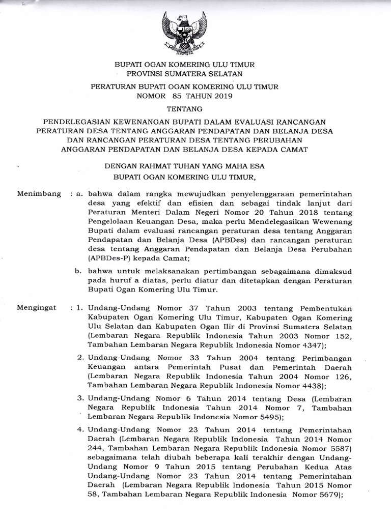 Perbup No. 85 Tahun 2019 Pendelegasian Kewenangan Bupati Dalam Evaluasi Perdes Apbdes Dan ...