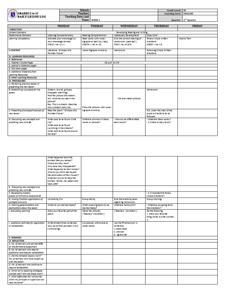 Grade 3 DLL English 3 Q4 Week 1 | PDF | Reading Comprehension | Pedagogy