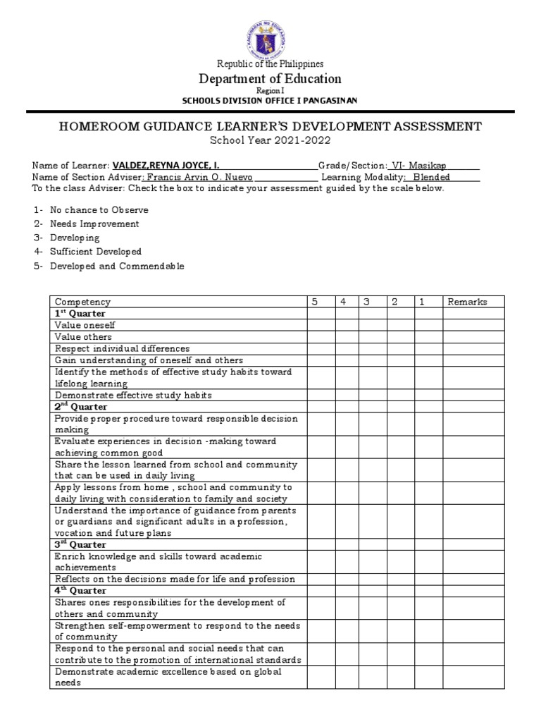 Department of Education: Homeroom Guidance Learner'S Development ...