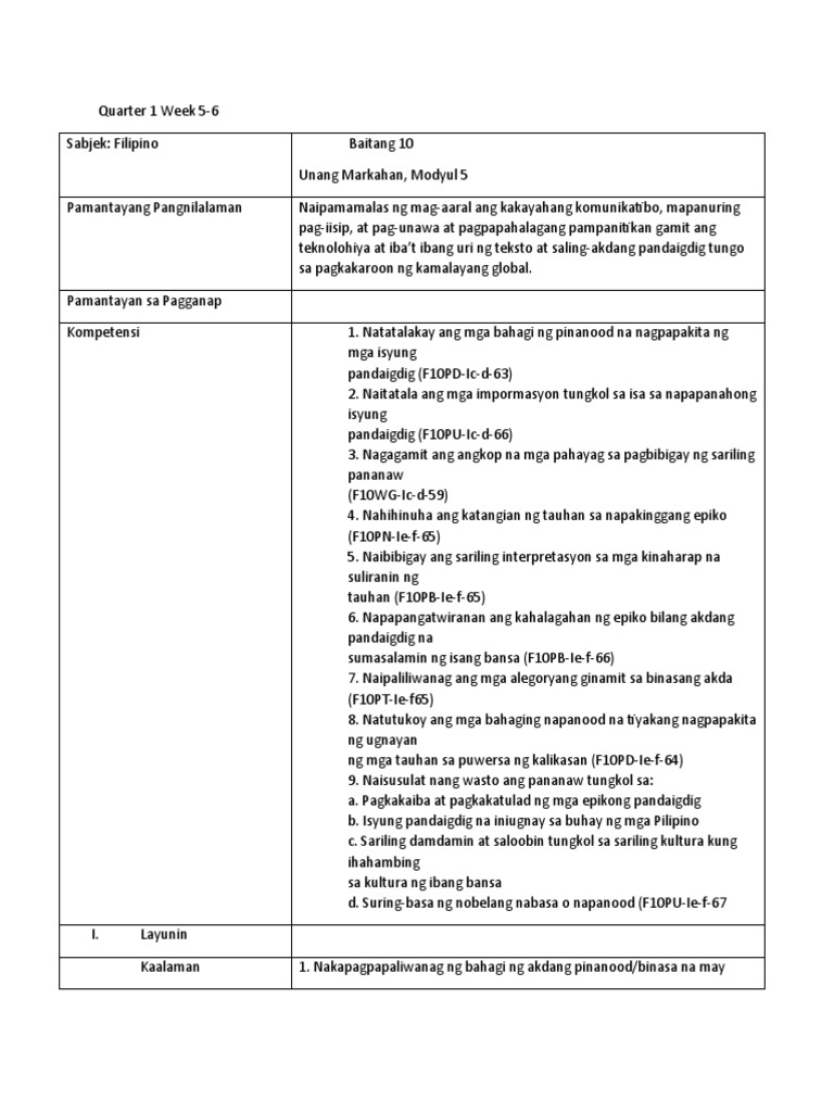 Lesson Plan - FIL.10q1w5 6 | PDF