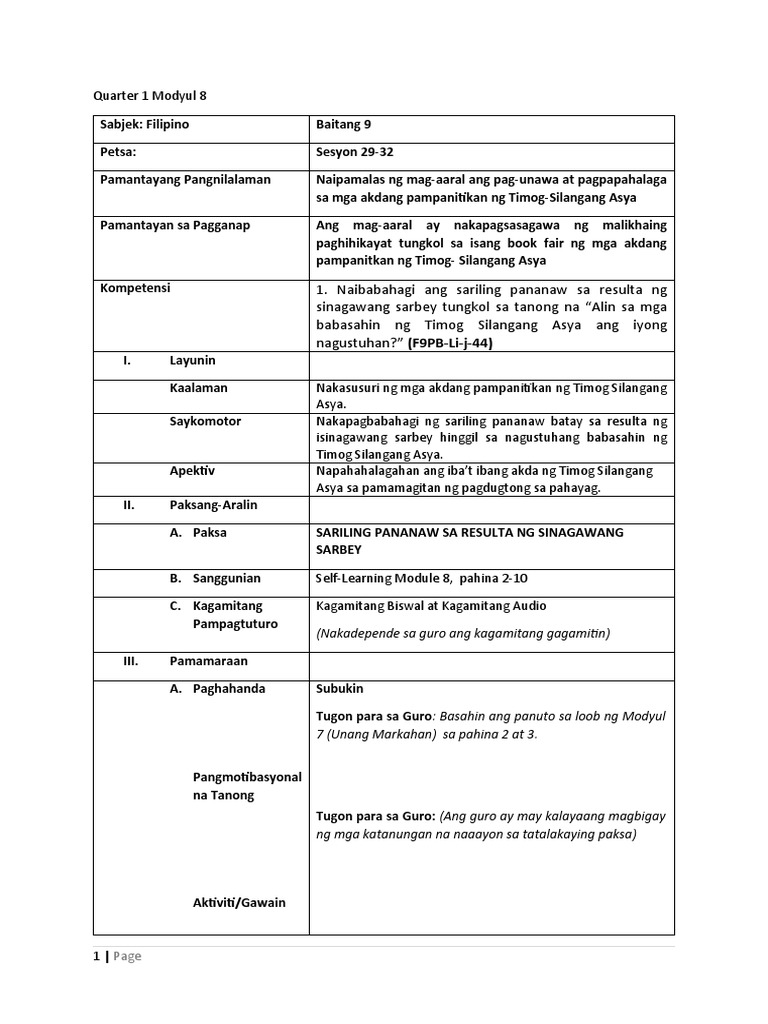Lesson Plan - Filipino 9 - Modyul 8 | PDF