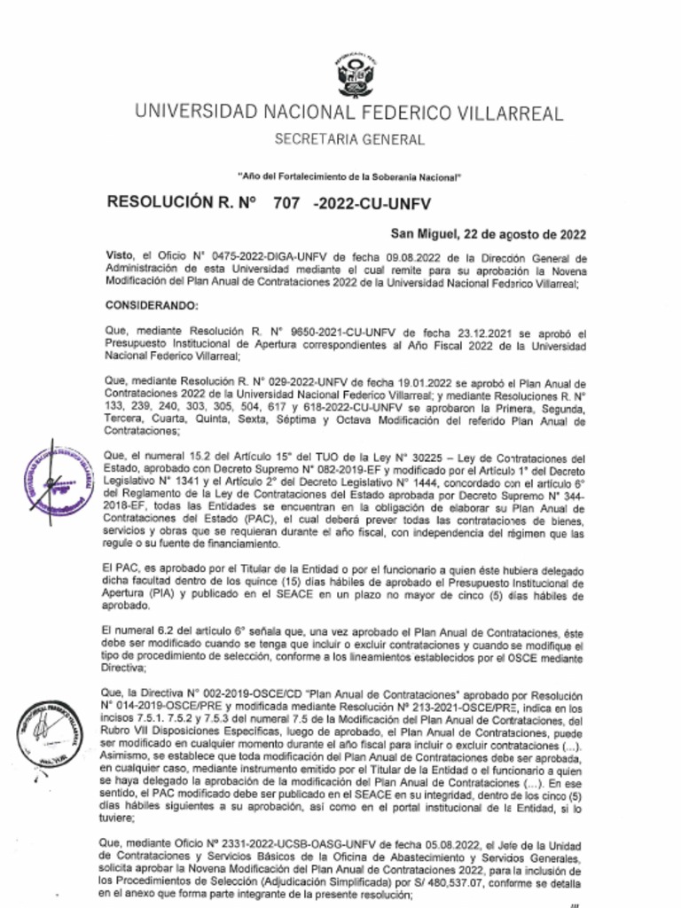 Resolucion R Nro 707 2022 CU UNFV | PDF Resolucion R Nro 707 2022 CU UNFV | PDF