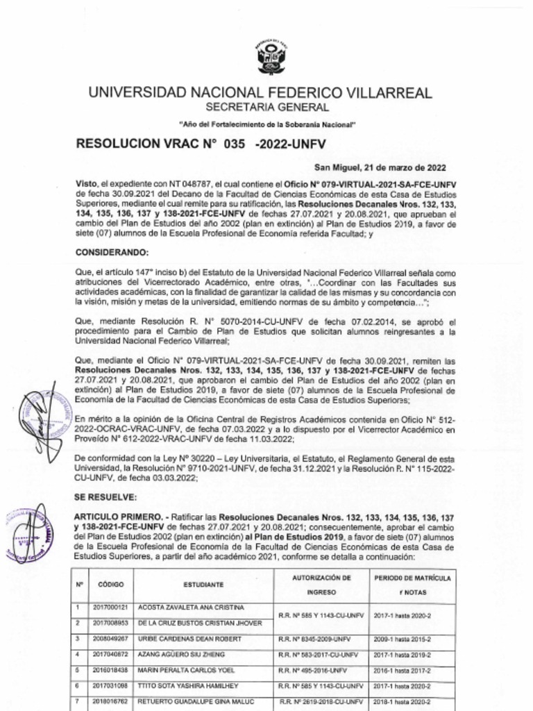 Resolucion Vrac Nro 0035 2022 UNFV | PDF Resolucion Vrac Nro 0035 2022 UNFV | PDF
