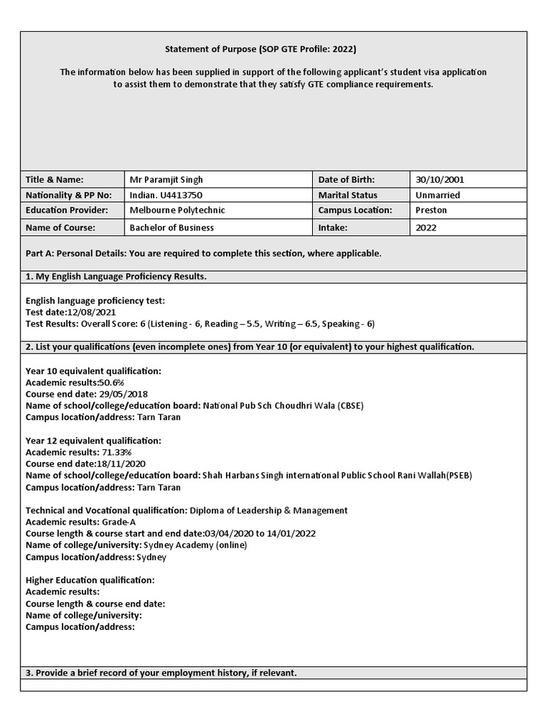 3. Paramjit S GTE sop Profile | PDF | Cost Of Living | Travel Visa