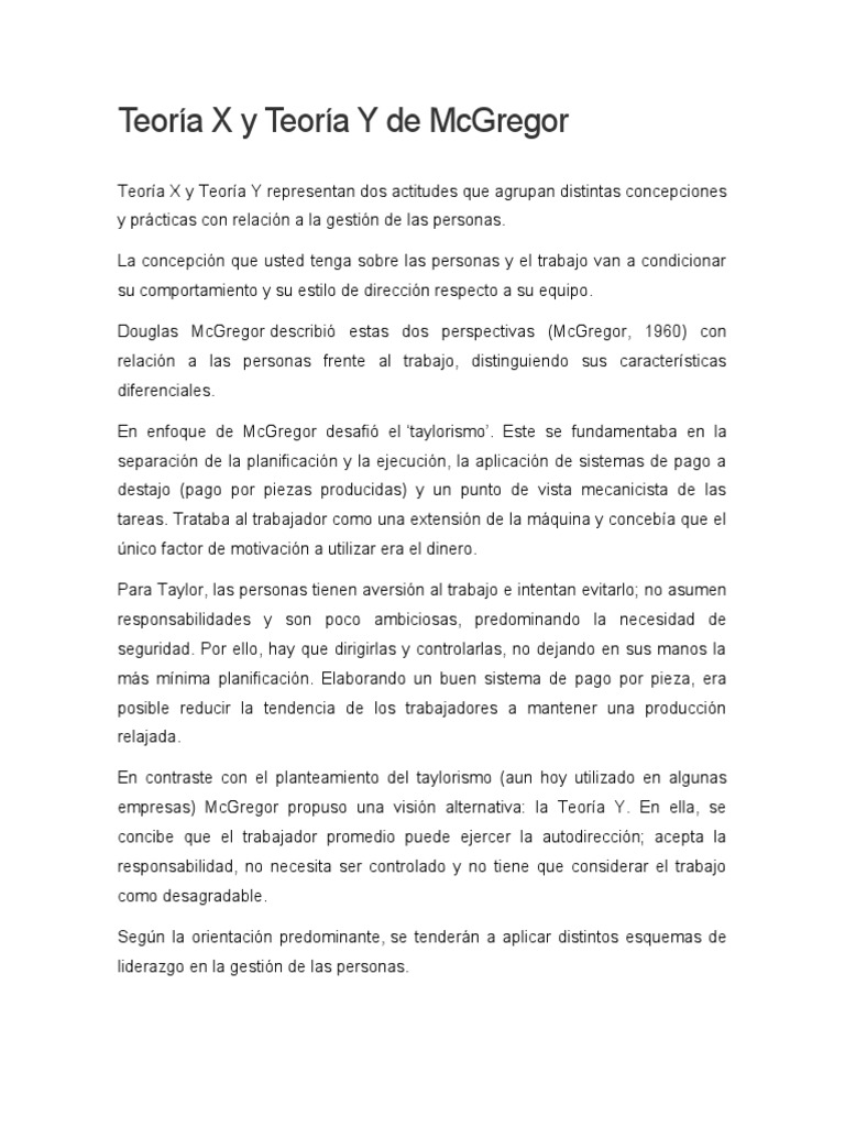 Teoría X y Teoría Y de McGregor | PDF | Sicología | Ciencia cognitiva