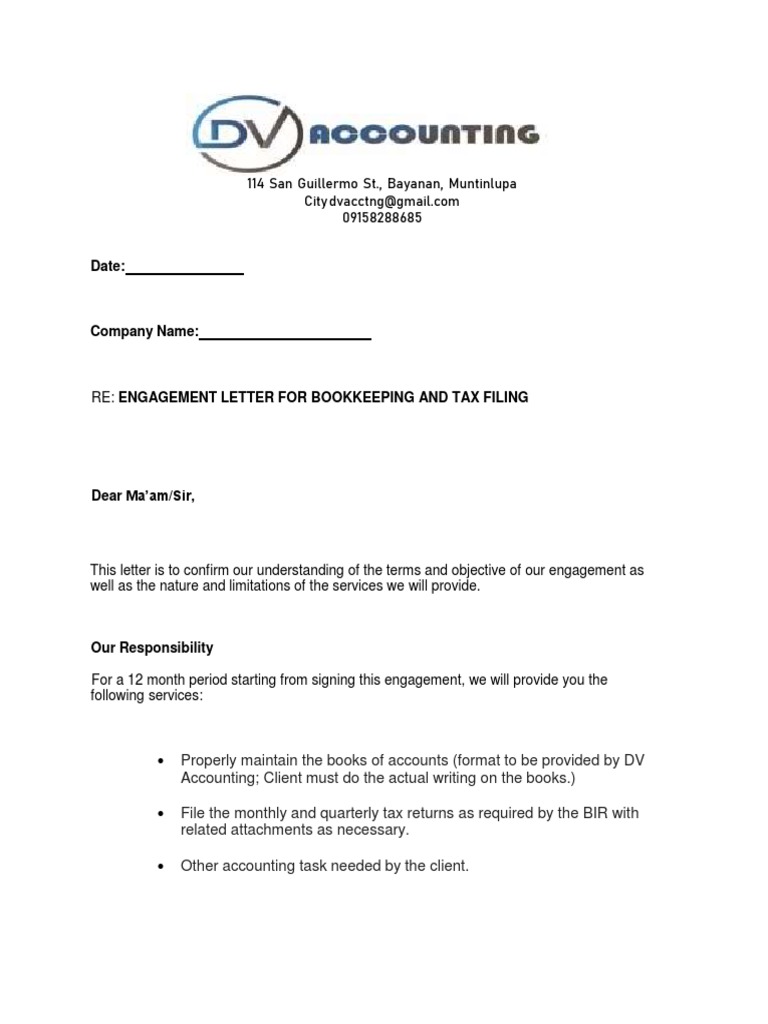 Engagement Letter - Bookkeeping and Tax Filing - NON VAT | PDF ...