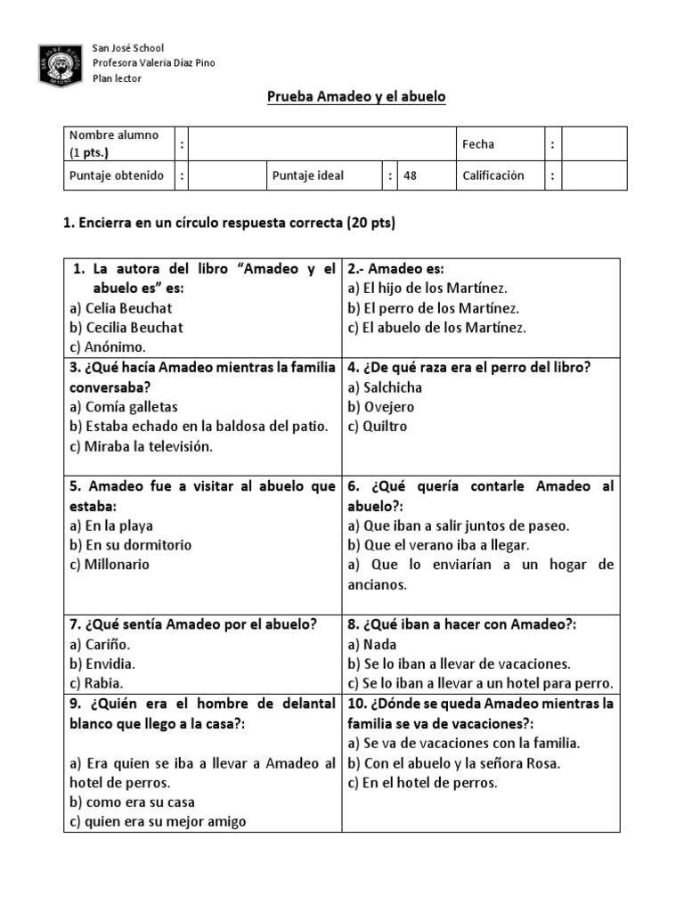 Prueba sobre "Amadeo y el abuelo" | PDF