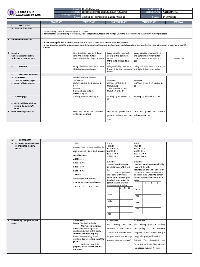 DLL Mathematics 5 q1 w2 | PDF | Teachers | Learning