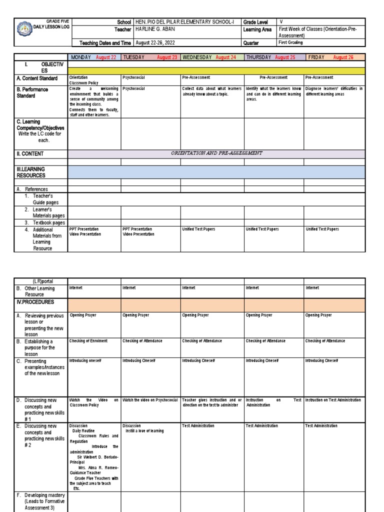 DLL Aug. 22 26 2022 1st Week of Classes | PDF | Teaching | Learning