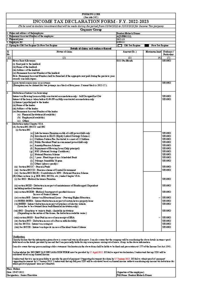 Gsquare Income Tax Declaration Form | PDF | Loans | Interest
