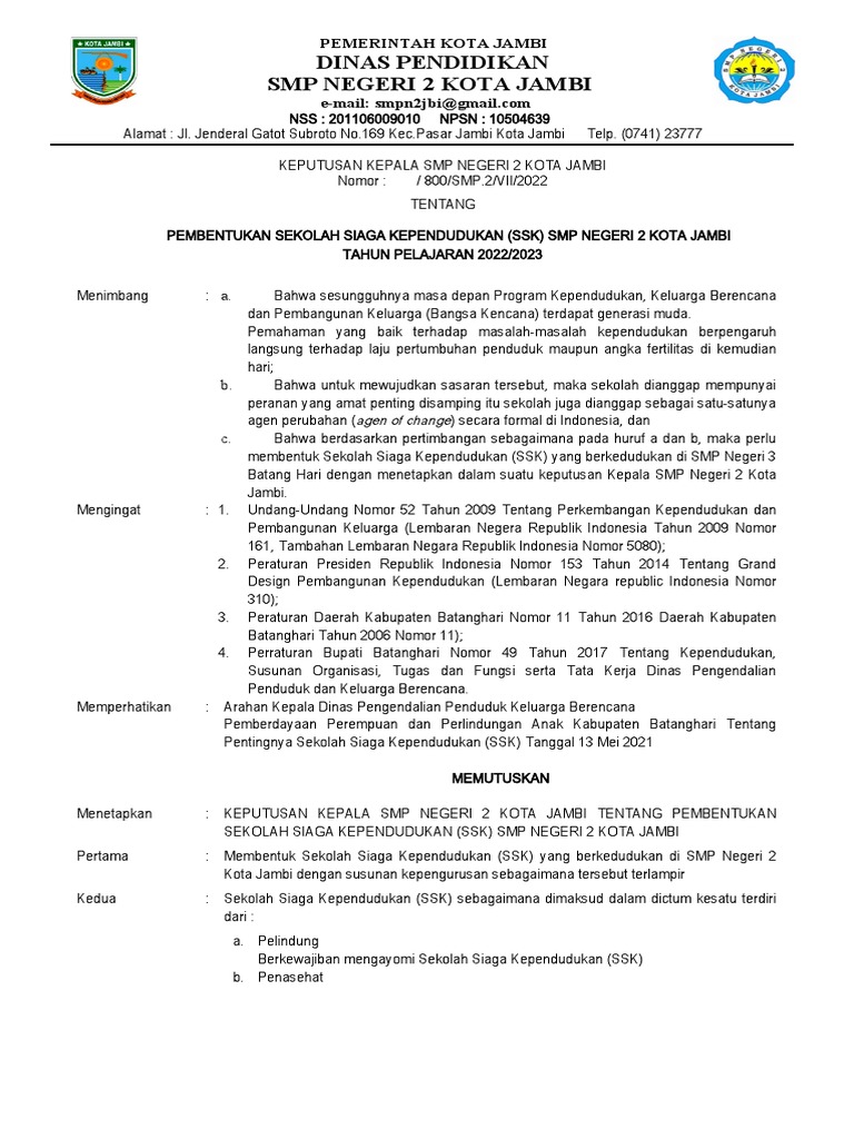 SK Pembentukan Sekolah Siaga Kependudukan (SSK) | PDF